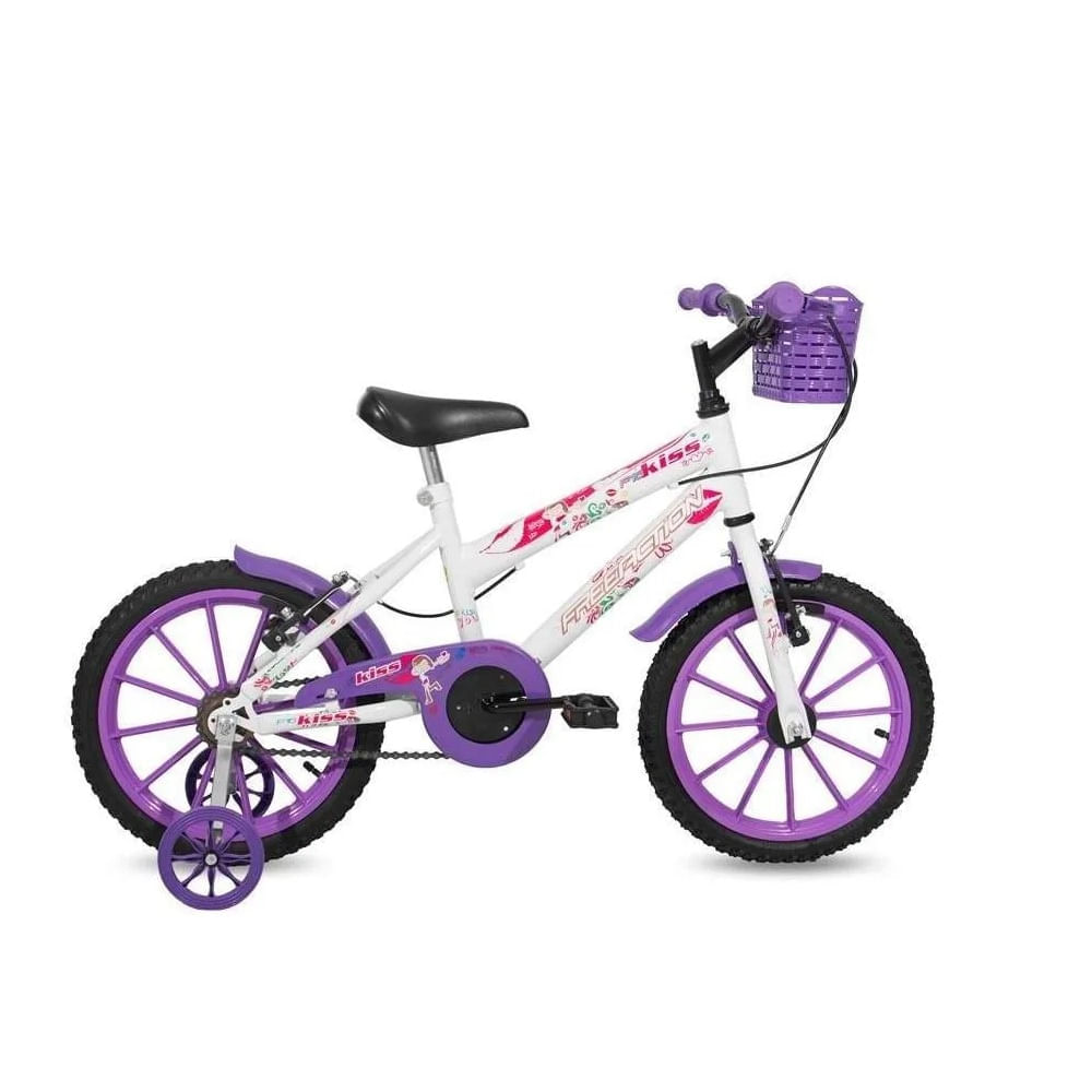 Bicicleta Free Action Aro 16 Kiss com Cesta Branca e Roxo |Friopecas.com.br