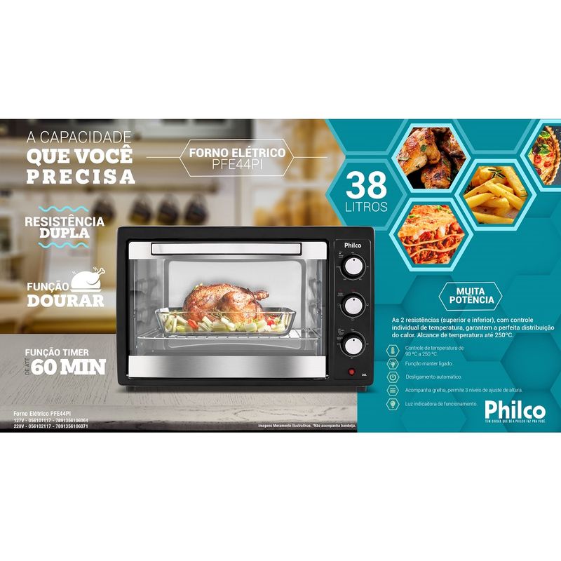 Forno Elétrico Philco 38 Litros Preto/Inox PFE44PI - 127 Volts ...